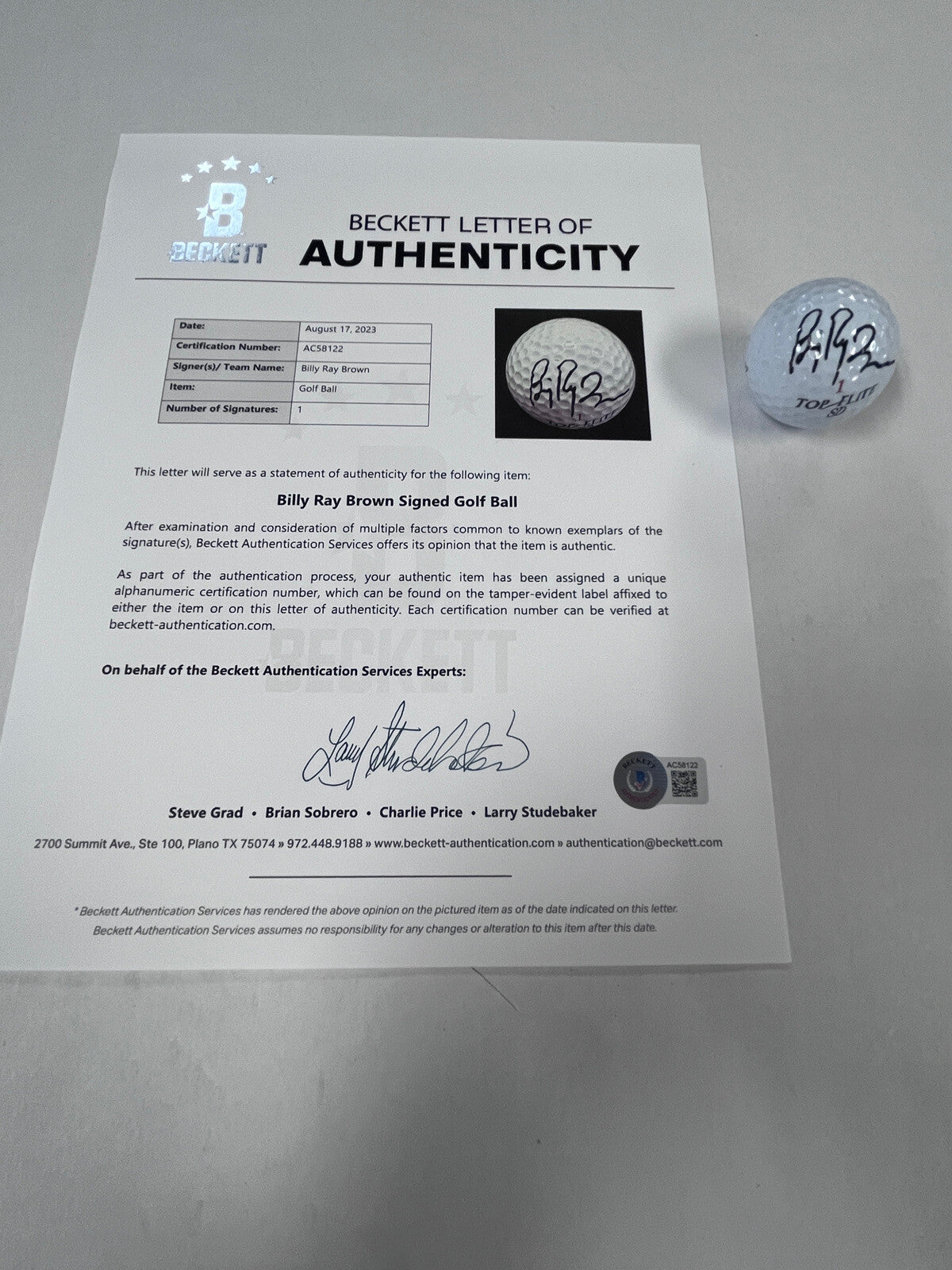 Billy Ray Brown Autographed Signed Golf Ball PGA W/Cube Beckett LOA ...